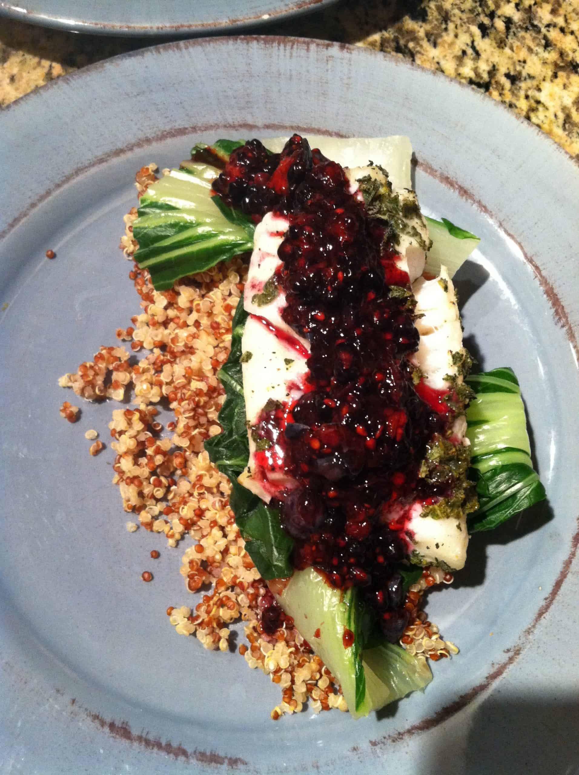 Sage Crusted Baked Cod with Blackberry Coulis