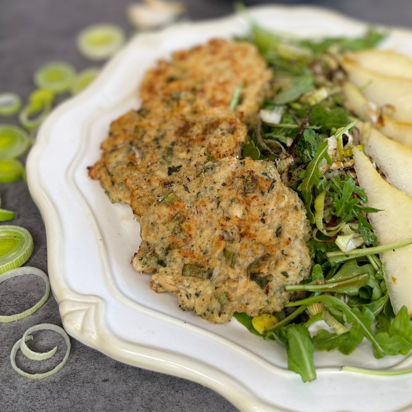 Pear Leek Salad with Salmon Cakes - The Betty Rocker